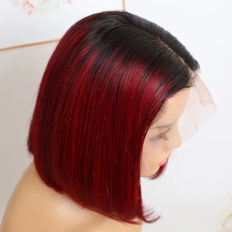 DeepWave #1B/99J Bob Wig 100% Human Hair Wigs 200% Density 13x4 Fronta ...